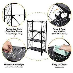 Simple Deluxe 4-Tier Heavy Duty Foldable Metal Rack Storage Shelving Unit with Wheels Moving Easily Organizer Shelves Great for Garage Kitchen Holds up to 1000 lbs Capacity, Black, 1-Pack
