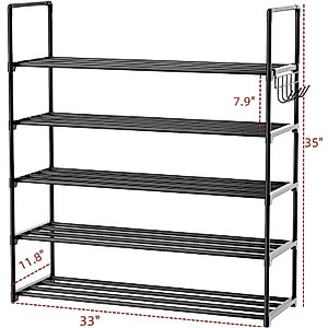 HOMICKER Metal Shoe Organizer,5 Tiers Shoe Storage Shoe Rack with Hooks,Fit 20-25 Pairs,Adjustable Shoe Shelf for Entryway,Hallway,Bedroom,Metal Bottom Support