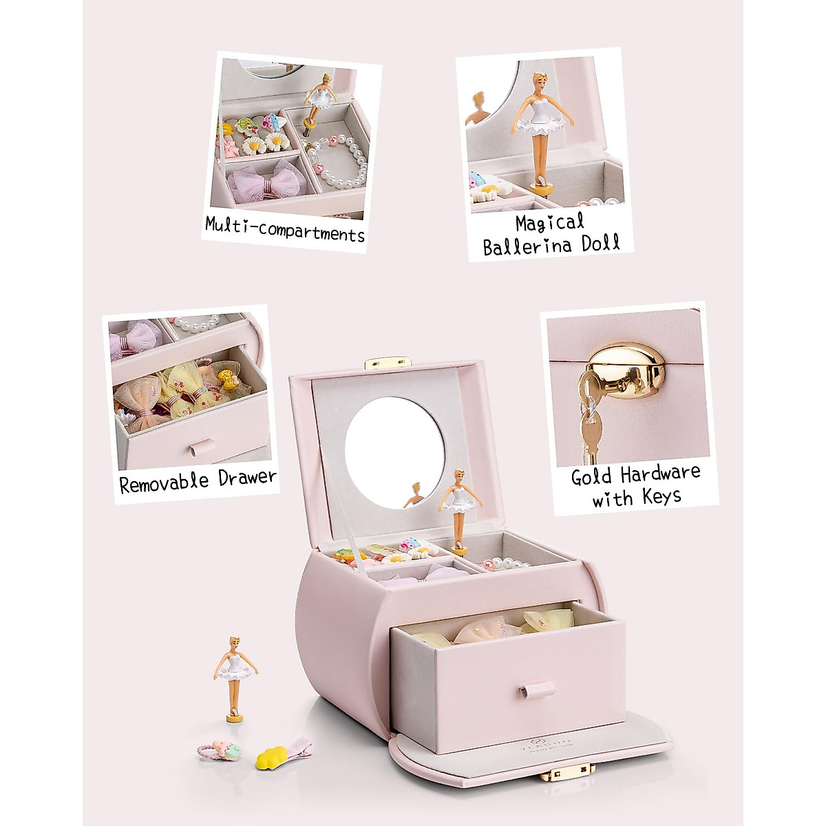Vlando Kids Musical Jewelry Box for Girls with Drawer, Music Box with Ballerina and Stickers for Birthday Bedroom Decor, Gifts for Girls Kids Christmas Thanksgiving Gifts 2024 - Light Pink