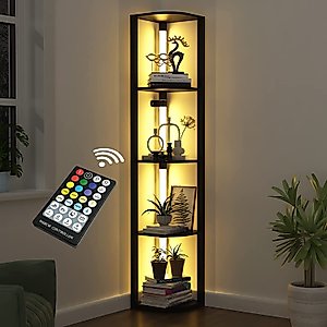 VTRIN Corner Shelf with Light, Modern Home Decor Stand Floor Lamps with Storage Shelves for Collectibles, Sturdy 5-Tier Corner Bookshelf Cabinet Display Shelf for Living Room Bedroom Small Space
