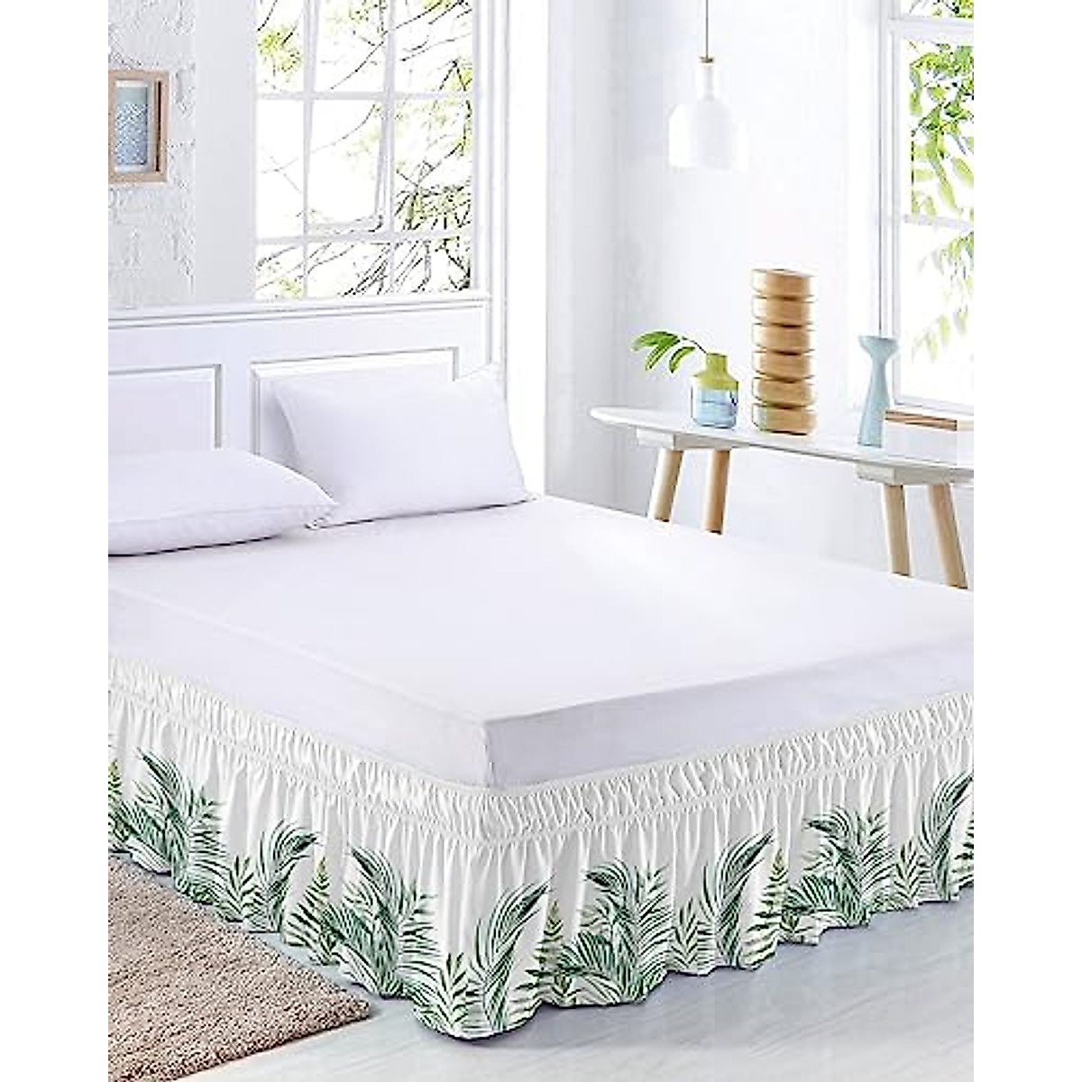 Tropical Bed Skirt Queen Size 16 Inch Drop,Adjustable Elastic Wrap Around Bed Skirts Pleated Luxury Dust Ruffles for Twin Full Queen Cal King Base Bed,Country Rustic Green Palm Tree Leaves Eucalyptus