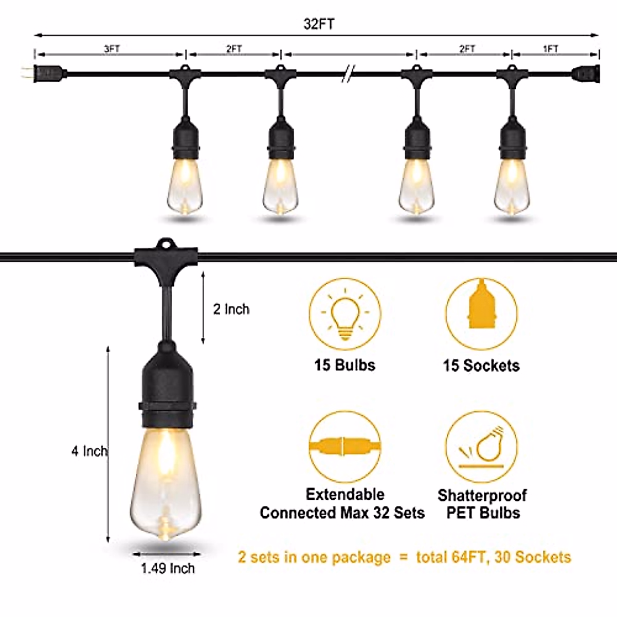 64FT(32FTx2PCS) LED Outdoor String Lights, Waterproof String Lights with 30 ST38 Shatterproof Edison Bulbs,Commercial Grade String Lights,Hanging Outdoor Lights for Patio Backyard Deck Gazebo