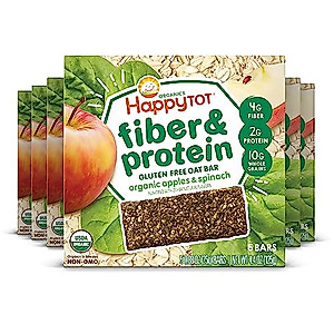 Happy Tot Organics Fiber & Protein Soft-Baked Oat Bars Toddler Snack Apple & Spinach, 0.88 Ounce Bars, 5 Count Box (Pack of 6) (Packaging May Vary)