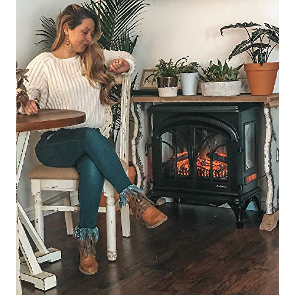 e-Flame USA 28" XL Denali Portable Freestanding Electric Fireplace Stove - 3-D Log and Fire Effect (Black)