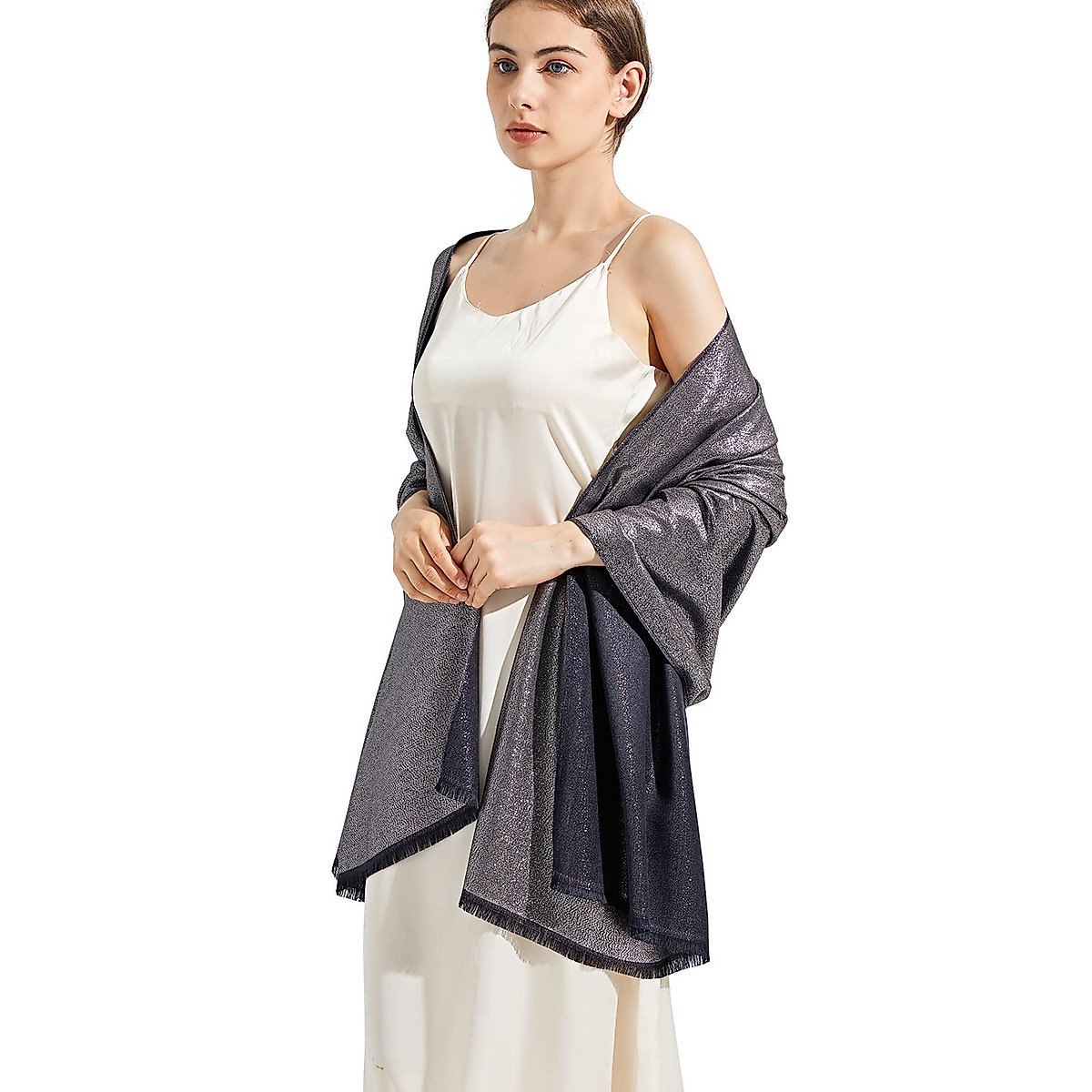 Ciormis Sparkly Shawls for Women, Metallic Black & Silver Wedding Pashmina Shimmer Scarf Wraps for Evening Wear (Black & Silver)