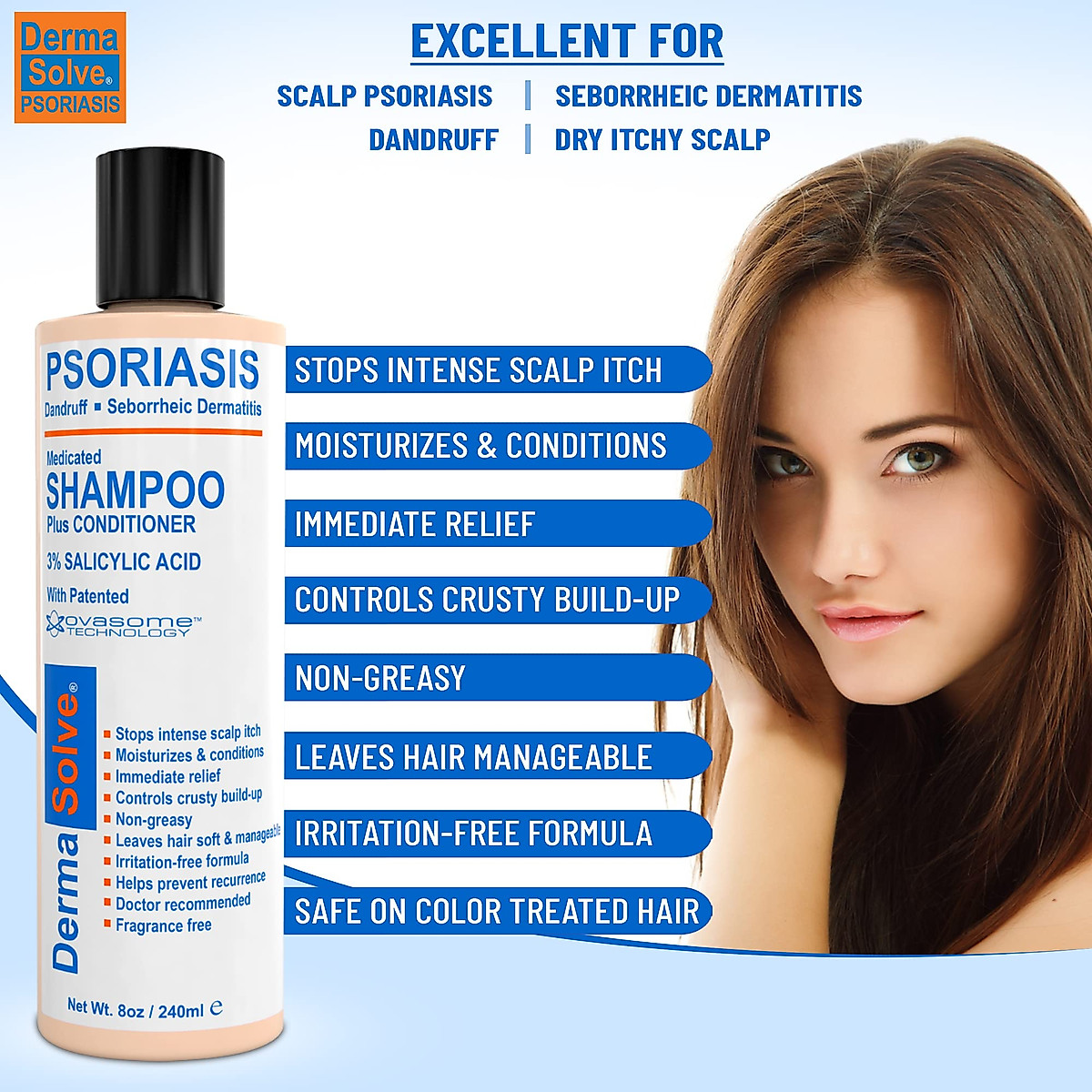 DermaSolve Scalp Psoriasis & Dandruff free Medicated Shampoo with Conditioner, Ultimate Seborrheic Dermatitis Treatment for Itchy, Flakey Scalp, Soothing & Moisturizing Relief