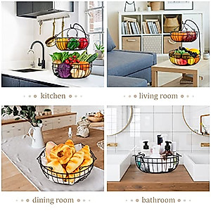 2- Tier Fruit Basket for Kitchen Counter, Homewill Fruit Basket with Banana Hanger, Hanging Wire Fruit Vegetable Basket Bowls Storage for Countertop