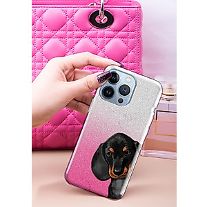 FINCIBO Shiny Sparkling Silver Pink Gradient 2 Tone Glitter TPU Protector Case Cover Compatible with Apple iPhone 13 Pro 6.1 inch 2021 - Dachshund Puppy Dog Hide and Seek