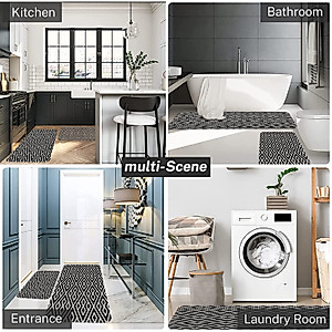 Tayney Black Geometric Kitchen Rugs and Mats Non Skid Washable Set of 2, Grid Diamond Kitchen Runner Rug, Modern Abstract Under Sink Mats for Kitchen Floor Decor