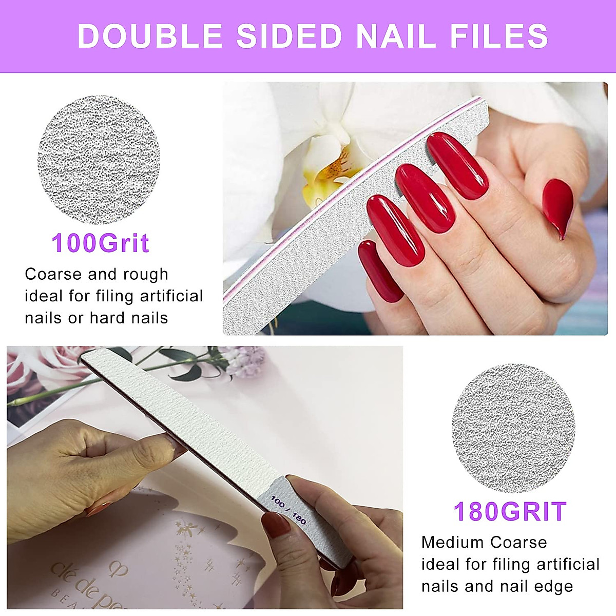 20PCS Nail File Buffer Set for Natural Nails,100 180 Grit Nail File,4 Sides 120 Grit Sanding Buffer Nail Block for Gel Acrylic Nails Professional Manicure Tool,Purple