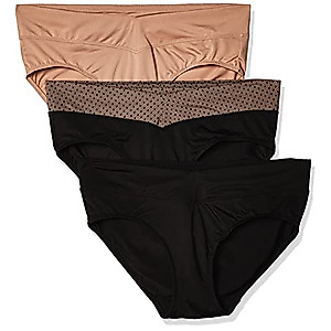 Warner's Women's Blissful Benefits No Muffin 3 Pack Hipster Panties, Black lace dot/Almond/Black, L