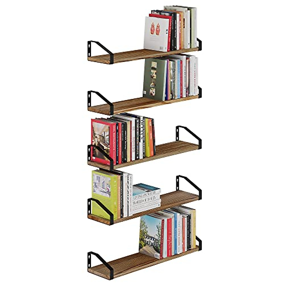Wallniture Braga 24" Floating Shelves, Bookshelf Wall Decor Living Room Bathroom Shelves Over Toilet, Bedroom Kitchen Organization, Burnt Finish Set of 5