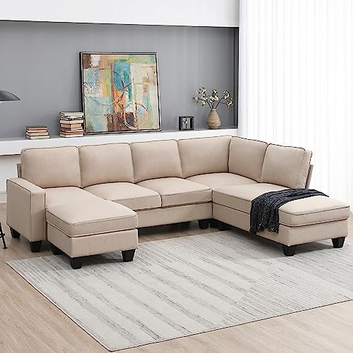 GAOWEI Modern L-Shaped Sectional Sofa,7-seat Linen Fabric Couch Set with Chaise Lounge and Convertible Ottoman for Living Room,Apartment,Office Modular sectional Sofa l Shaped Sofa (Khaki)