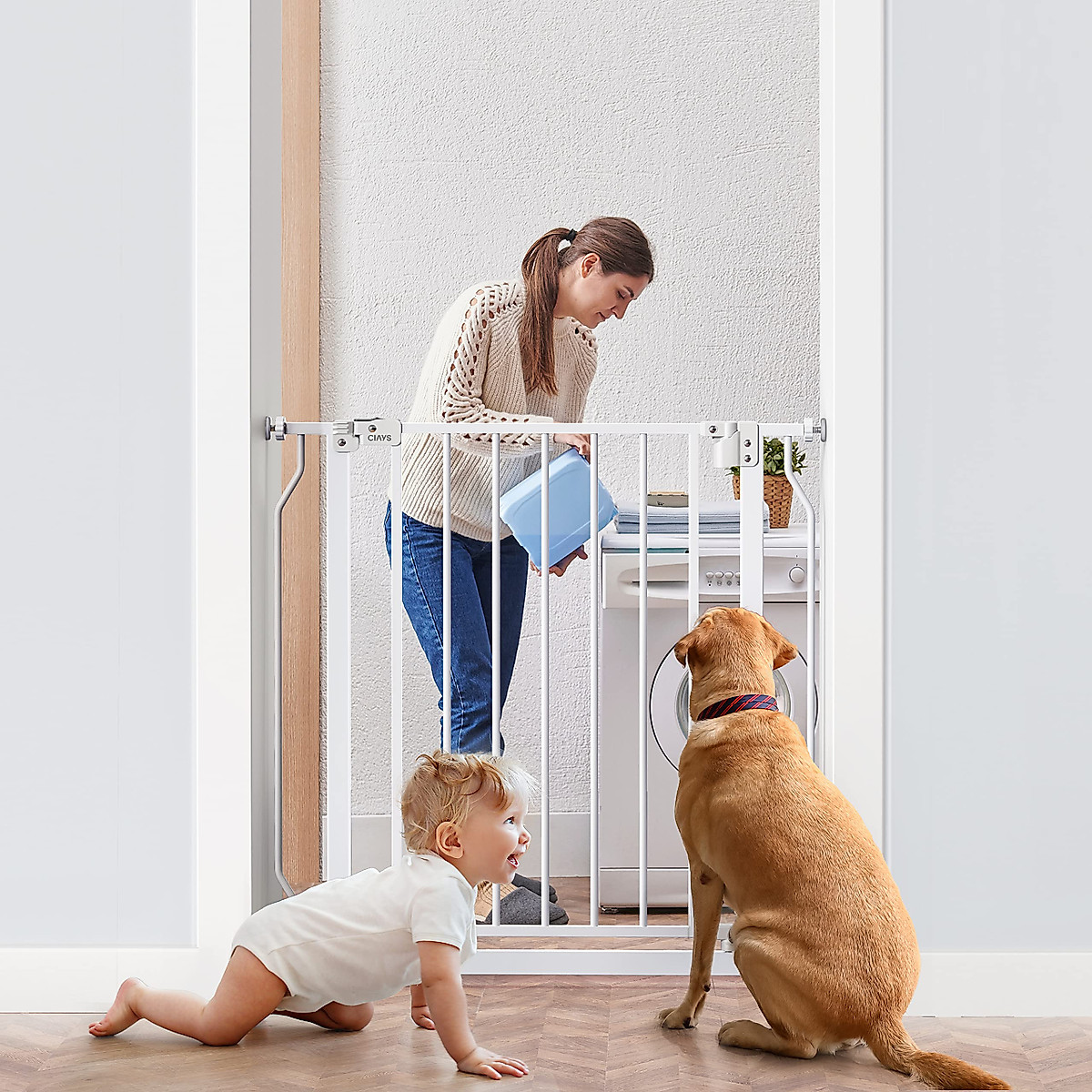 Ciays Baby Gate 29.5” to 33.5”, 30-in Height Extra Wide Dog Gate for Stairs, Doorways and House, Auto-Close Safety Metal Pet Child Gate for Dogs, Wall Pressure Mounted, White