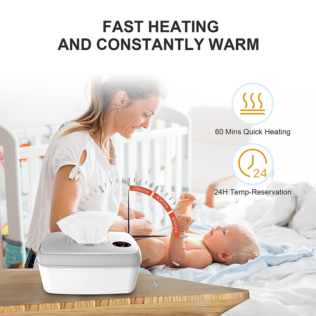 Wipe Warmer Baby Wet Wipes Dispenser : High Capacity LED Display Silent Heating - Wipes Diaper Warmer with Adapter for Baby Infant