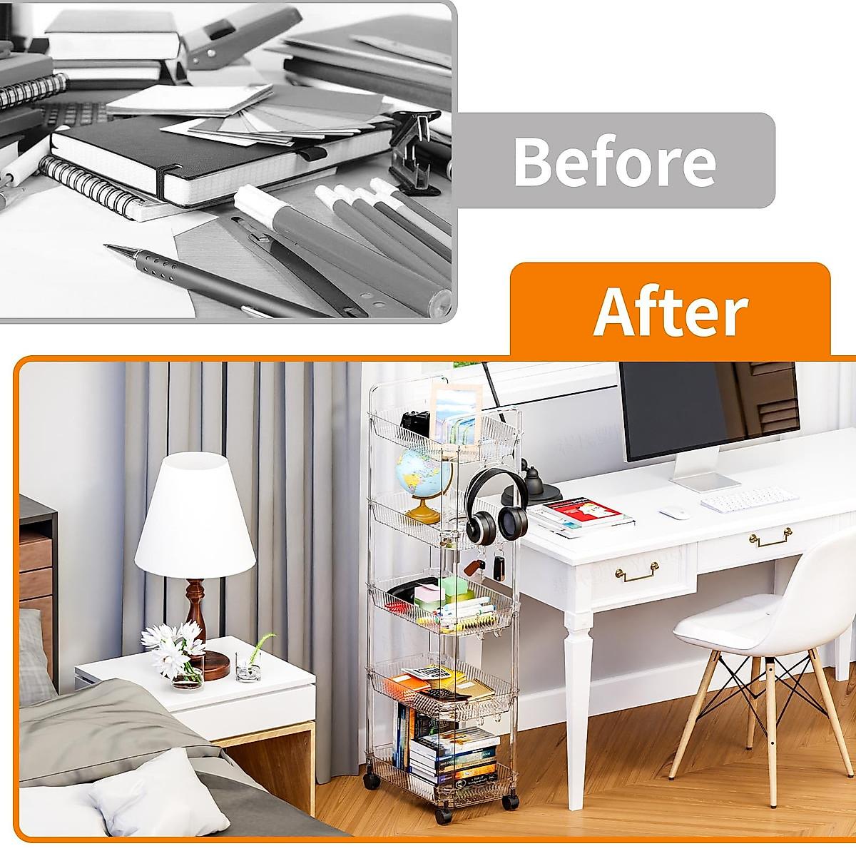 Clear 5 Tier Rolling Utility Cart with Wheels,Modern Bedside Cart for Baby Essentials,Nursery,Diaper Caddy,Baby Supplies,Rolling Storage Cart for Living Room,Bathroom,Kitchen,Book Cart