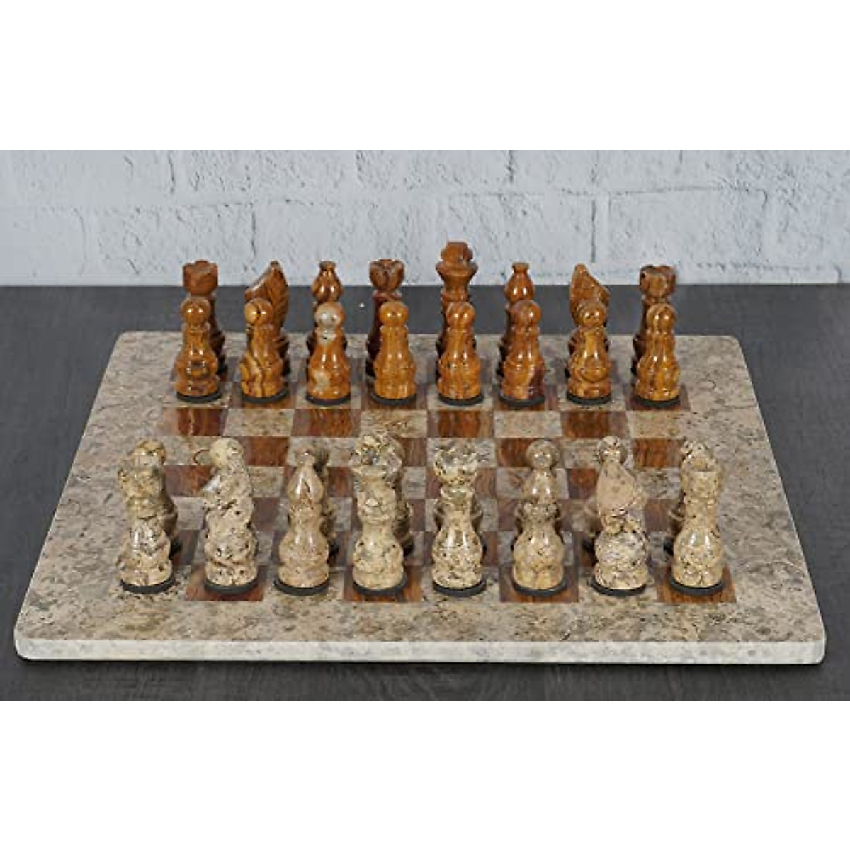 RADICALn 15 Inches Fossil Coral and Dark Brown Weighted Handmade Marble Most Popular Chess Board Games Set - Classic Style Staunton Home Decor Chess Set