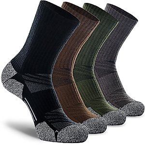 CWVLC Hiking Crew Socks, 4-Pack Men Women Boot Socks for Walking, Hunting, Camping, Winter Outdoor Work, Cosy Cushion, Moisture Wicking, Arch Compression, Anti Blister, Medium, Black Gray Green Brown