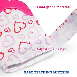 NEPAK Teething Mitten 2 Pcs-Baby Glove Stimulating Teether Toys for Boys & Girls-Teething Glove for 3-6 Months Baby (Pretty Sweet Heart,Pink)