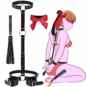 Sex Bondage BDSM Kit Restraints - Couple Sex Toys with Neck to Wrist Behind Back Handcuffs Collar & Blindfold & Whip, Soft Leather Bondage Gear & Accessories, Adult Sex Straps SM Slave Gameplay Tools