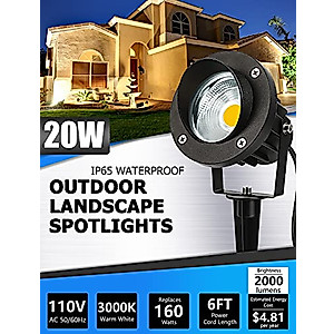 SUNVIE 20W Outdoor Spotlight LED Landscape Lighting 120V AC Waterproof Yard Spot Lights Outdoor with Stake for Tree Flag Lights 3000K Ultra Warm White Lawn Decorative Lamp with US 3-Plug in (2 Pack)