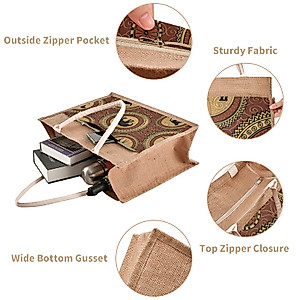 Sinestour African Ethnic Jute Tote Bag Jute Gift Bags with Handle Burlap Tote Bag with Canvas Pocket Beach Tote Bag