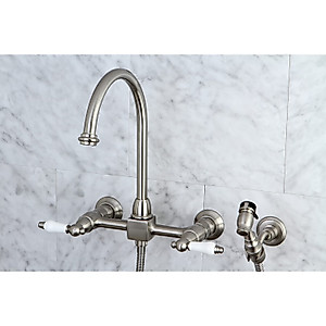 Kingston Brass KS1298PLBS Restoration Wall Mount Bridge Kitchen Faucet with Brass Sprayer, Brushed Nickel