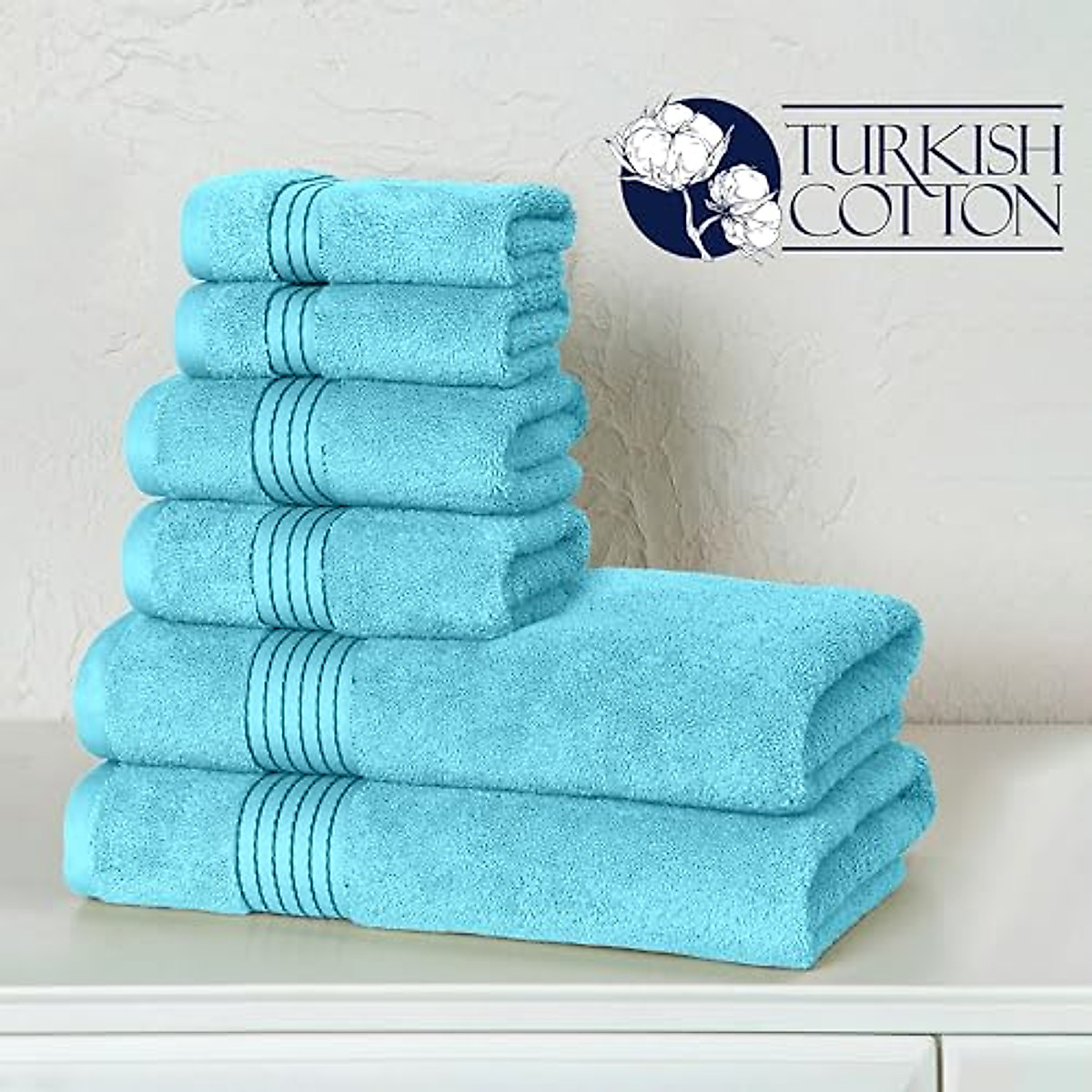 Elegant Comfort Premium Cotton 6-Piece Towel Set, includes 2 Washcloths, 2 Hand Towels and 2 Bath Towels, 100% Turkish Cotton - Highly Absorbent and Super Soft Towels for Bathroom, Aqua