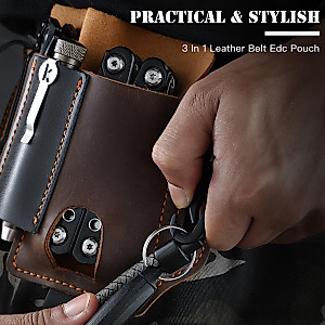 Omesio EDC Multitool Sheath for Belt, Leather Pocket Organizer for Men, Multitool Sheath with Pen Holder Convenient Storage Small Flashlight, Folding Tools with Keychain Knife Sheath for Daily Use