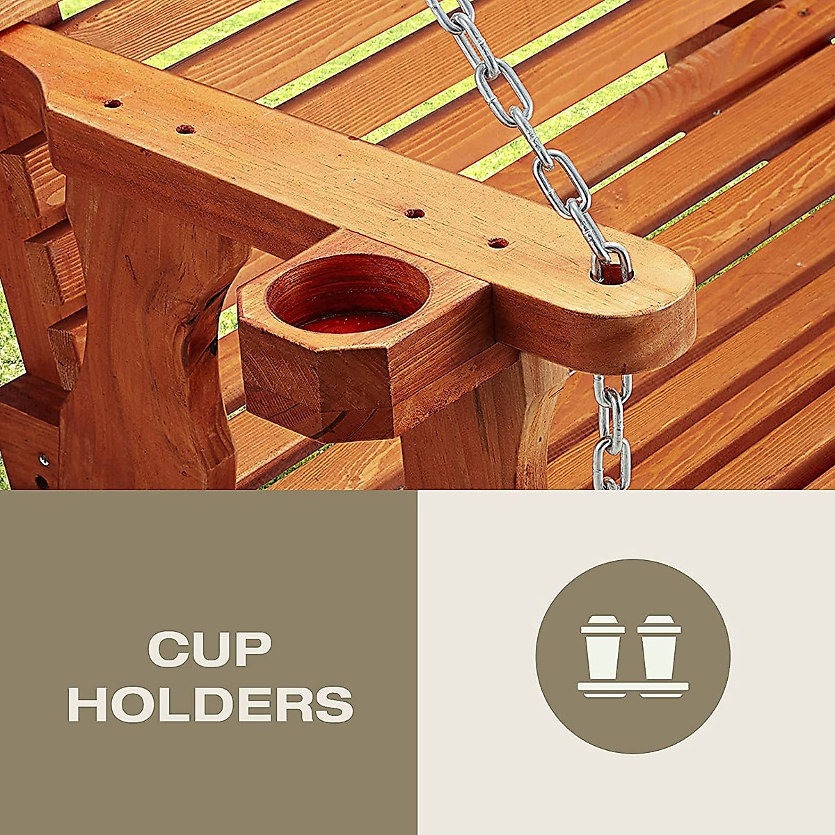 U-MAX Upgraded 2-3 Person Wooden Porch Swing, Outdoor Wooden Swing with Hanging Chains, Heavy Duty 800 LBS Capacity Porch Swing Chair Bench with Cupholders for Patio, Backyard, Garden (Natural, 6.5FT)