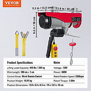 Happybuy 440 lbs Lift Electric Hoist, 110V Electric Winch with Zinc-Plated Steel Wire, 39.4 ft Lifting Garage Lift Hoist with 14ft Remote Control for Garage, Factories, Warehouses,Verandahs