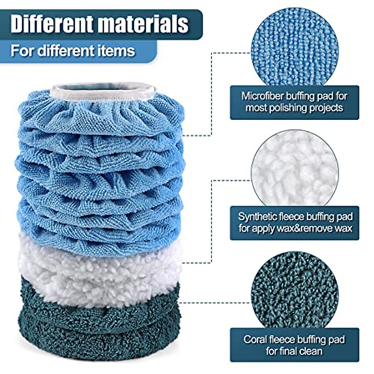 POLIWELL 12Pack Polishing Bonnet Pads 5-6 Inch Buffer Pad Cover- 8pcs Microfiber Buffing Bonnets, 2pcs Woollen Waxing Pads, 2pcs Soft Coral Fleece Pads for Car Polisher