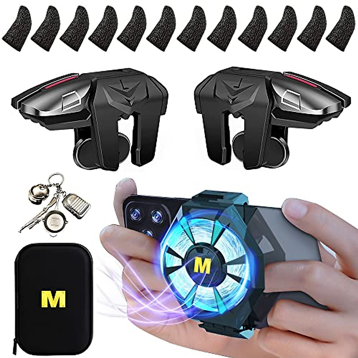 17 in 1 Universal Mobile Phone Cooler Radiator with LED Light, Cell Phone Cooling Fan Heat Sink, 2pcs L2R2 Mobile Game Controller Triggers for PUBG/Fortnite/Call of Duty w/ 12pcs Finger Gloves Sleeves
