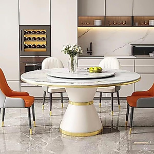Round Marble Dining Table with Lazy Susan,Luxury Style Kitchen & Dining Room Tables with Metal Base,Modern Circular Pedestal Dining Table - Table Only(51" L x 51" W x 29.5" H, White)
