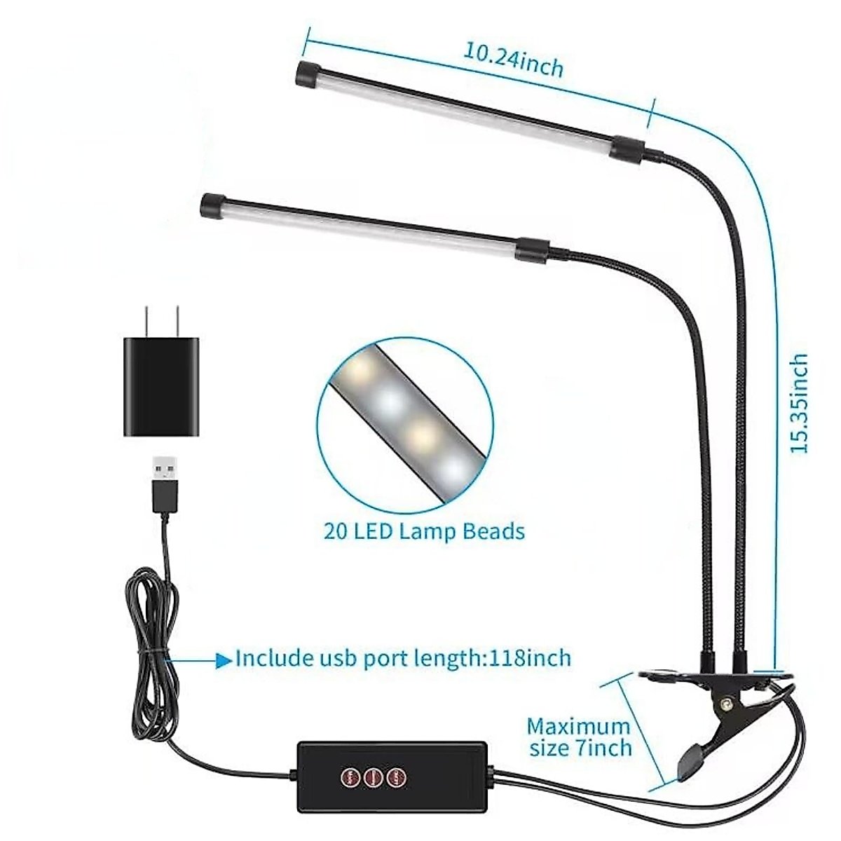 Clip on Lamp, Dual Head Bright Eye-Care 3 Color Mode Desk Lamp with Clamp, 5 Level Dimmer Clip on Light, 360 °Adjustable Clip on Desk Lamp for Reading, Working, Bedroom, Music Stand