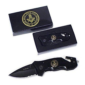 Virtus Iunxit Mors Non Separabit Square & Compass Masonic Folding Pocket Knife - [Black & Gold]