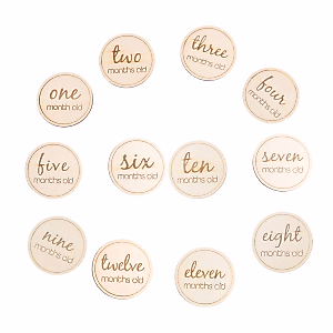 Tomaibaby Baby Monthly Milestone Cards 12pcs, 10x10x0.3cm Round Numbers Shower Gift Wooden Baby Birth Announcement Card Record Month Set Discs Photography Props - Round English Letter