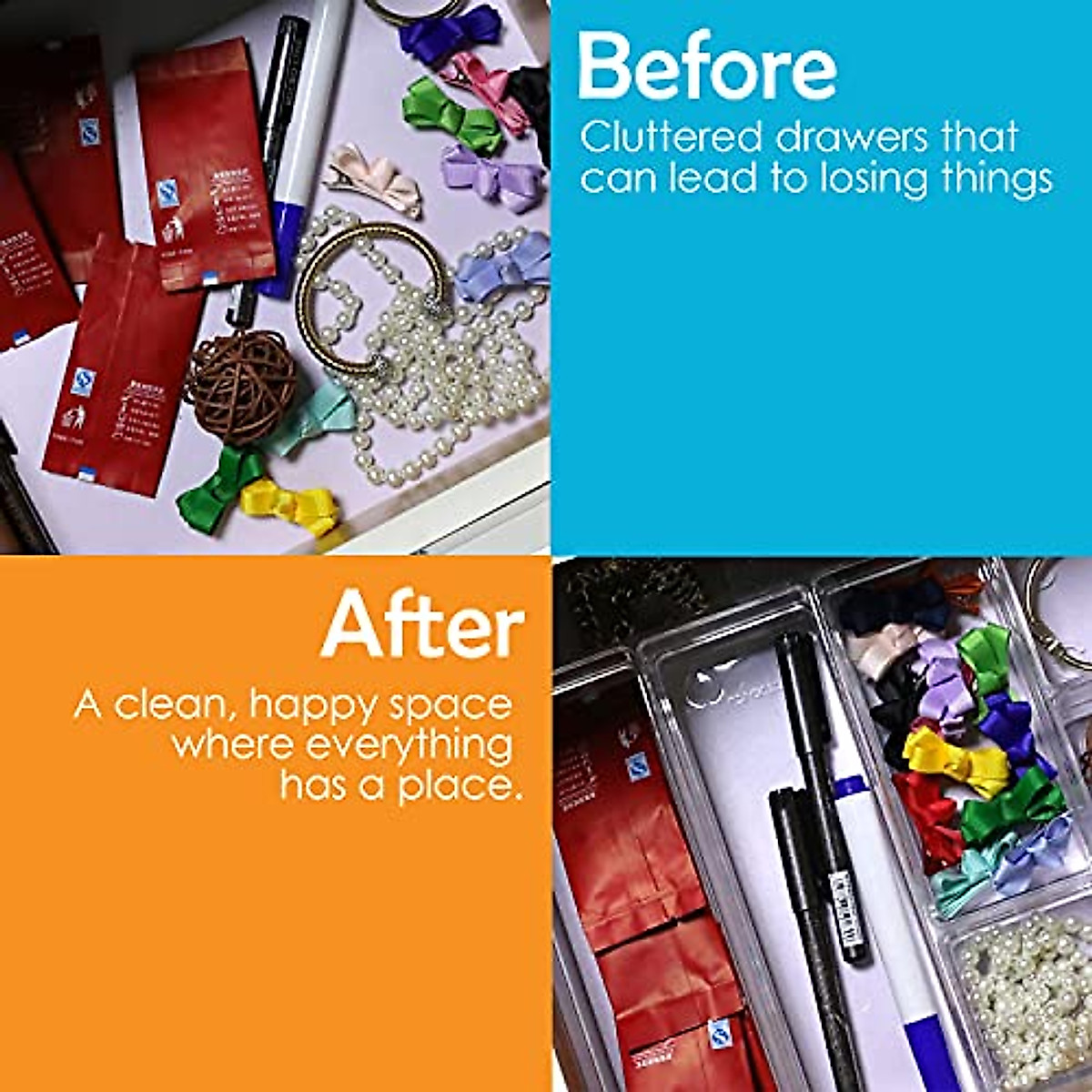 Houseables Drawer Organizer, Bathroom Storage, (3”x2”), (6”x2”), (9”x2”), 9 Pack, Clear, Various Sizes, Plastic, Dividers, Organizers, BPA Free, Eco-Friendly, For Cosmetics, Kitchen, Easy to Clean