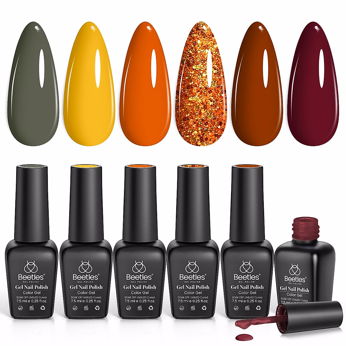 Beetles Gel Nail Polish Set 6Pcs Brown Green Yellow Burgundy Orange Glitter Gel Polish Nails Art Soak off Uv LED Manicure Gift Set Golden Season Collection 2024 Nail Trend Gift for Women