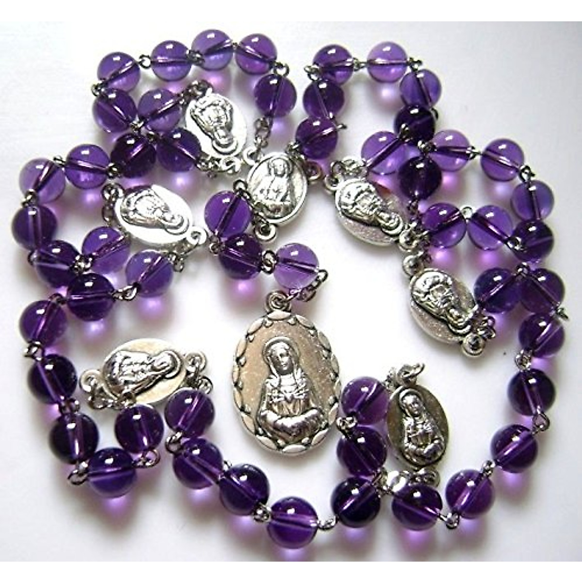elegantmedical HANDMADE Valuable Amethyst Bead 7 SEVEN SORROWS MARY ROSARY BEADS CATHOLIC NECKLACE Box