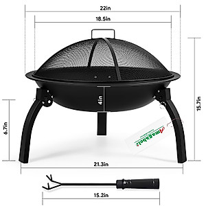 AMAGABELI GARDEN & HOME Fire Pit Outdoor Wood Burning Portable Folding 22in Firepit Firebowl Fireplace Poker Spark Screen Retardant Mesh Lid Deep Round Outside Backyard Camping Metal Grate ET286
