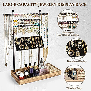 SOLIMINTR Jewelry Organizer, Jewelry Stand with Necklace Display Holder 3 Tier Earring Organizer Rustic Wood Base Tray with Ring Stand Jewelry Storage Tower for Women Girls Gift