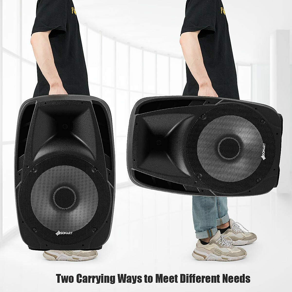 Sonart 15" 1500W Powered Speakers, 2-Way Full Range Portable PA Speaker System Combo Set With Stands/Illuminating Light/Microphone/EQ/USB/Bluetooth