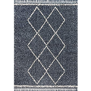 JONATHAN Y MCR103A-4 Mercer Shag Plush Tassel Moroccan Tribal Geometric Trellis Indoor Area-Rug Bohemian Easy-Cleaning High Traffic Bedroom Kitchen Living Room, 4 X 6, Denim Blue/Cream