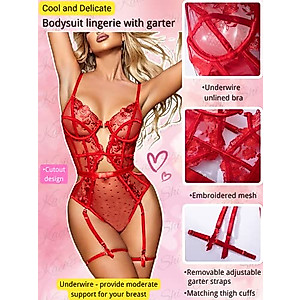 Kaei&Shi Bodysuit Lingerie for Women,Plunge Underwire Floral Lace Teddy Lingerie,Sexy Cutout Thong One Piece Body Suit with Garter Boudoir Red Medium