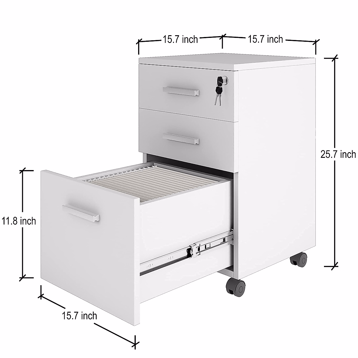 Lazio 26 Inch File Cabinet with Lock - Filing Cabinet for Home and Office - 3 Drawer File Cabinet with Wheels for A4 Sized Letters/Documents, Legal Sized Documents, Hanging File Folders - White/White