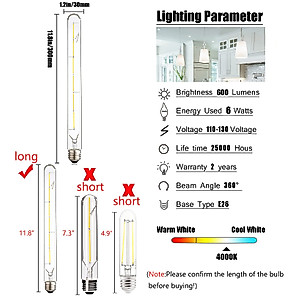 HXM T300 LED Bulb, 6W Dimmable T30 LED Tubular Bulb, Retro Edison LED Long Tube Bulb 6W, 60W Incandescent Bulb Equivalent, 4000K Dayligt White, Transparent Glass, E26,Pack of 4