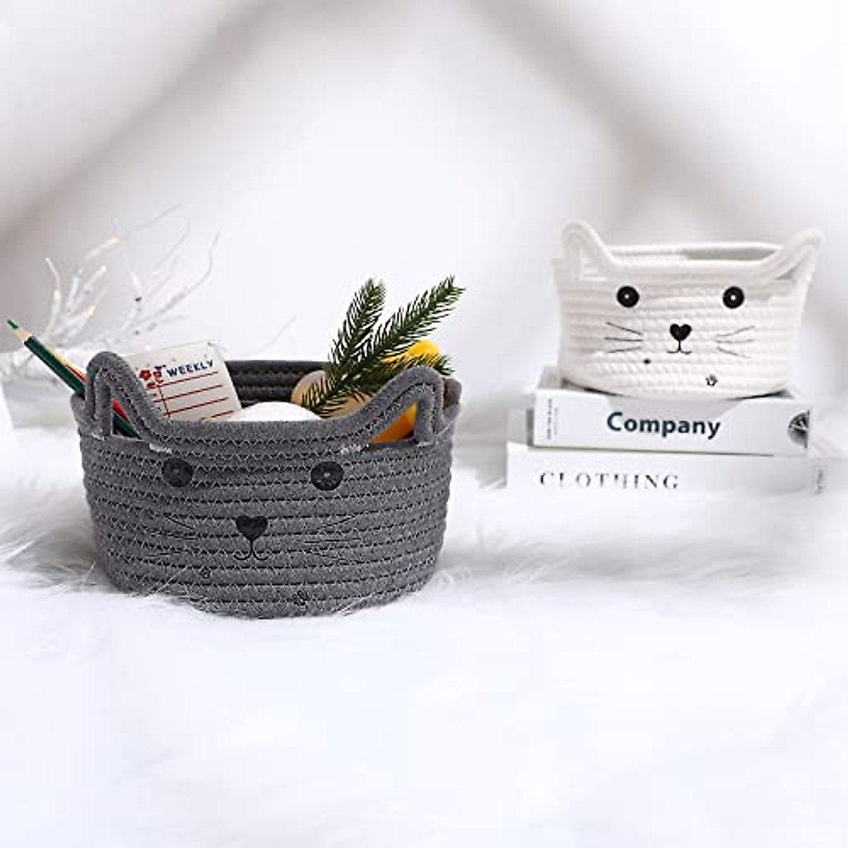 Cat Basket Storage Woven Basket Organizer with Ears Decorative Pet Toy Cute Basket Cotton Rope Basket for Gifts Cat Dog Toy Bin Nursery Room Kids Toy (Gray, 8.3 x 4.7 Inch)