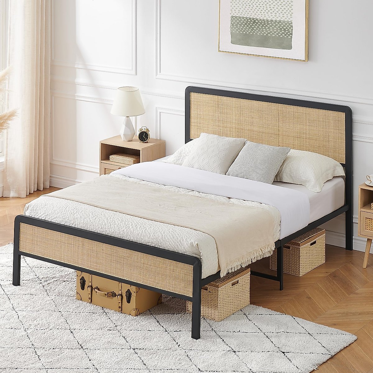 IDEALHOUSE Boho Style Full Bed Frame with Rattan Headboard, Platform Bed Frame with Strong Metal Slat Support,No Box Spring Needed,Black & Oak (Full)