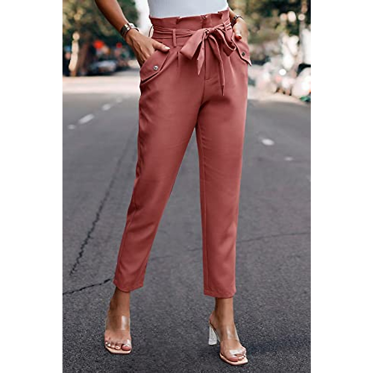 PRETTYGARDEN Women's Casual Long Pants High Waist Belted Paper Bag Work Pant Trousers with Pockets (Brick Red,Small)